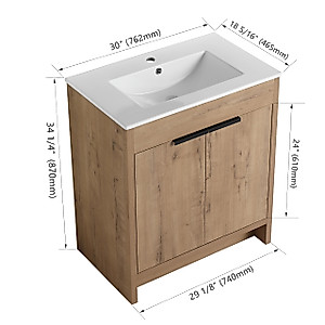 Pvillez 30 inch Bathroom Vanity with Sink Combo, 30" Pedestal Bathroom Vanity Cabinet with Ceramic Basin Sink Top & Soft Close Door, Freestanding Modern Bathroom Vanity for Small Space, Imitative Oak