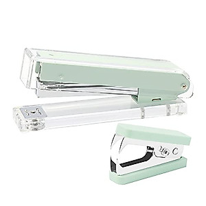 Mint Green Desk Stapler Staples Remover Set Clear Acrylic Body Metallic Stapler Manual Stapling tool with Staple Remover Kit for Home School Office Desktop Accessories Stationery Supplies (Mint Green)