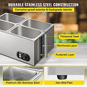 Commercial Food Warmer Bain Marie, 110V 4-Pan Stainless Steel Steam Table with 14.8 Qt Capacity and Precise Temperature Control