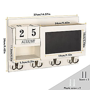 ikkle Key Holder for Wall Mail Organizer with Key Hooks, Mail Holder Wall Mount, Wood Key Hanger Rack for Wall Decorative Entryway Hallway Kitchen 14.5X 9.5 (Rustic White)