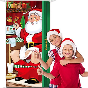 Christmas Party Decorations, Funny Christmas Santa Restroom Door Cover Fabric Santa Restroom Backdrop Background Banner for Christmas Door Decorations Christmas Party Supplies, 70.9 x 35.4 Inch