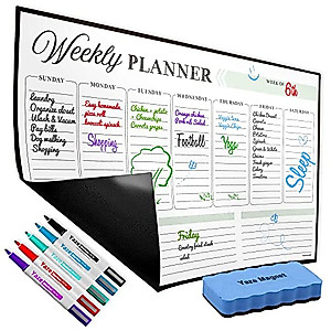 Magnetic Dry Erase Weekly Calendar for Refrigerator - 17X12” - 5 Fine Tip Markers and Large Eraser with Magnets - Stain Resistant Surface - Whiteboard Organizer Planner. Perfect Fridge White Board