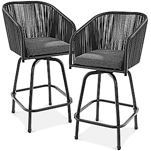 Best Choice Products Set of 2 Woven Wicker Swivel Bar Stools, Patio Bar Height Chair for Backyard, Pool, Garden, Deck w/ 360 Rotation, 250lb Capacity - Black/Gray