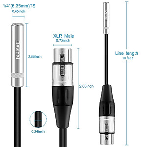 Devinal XLR Female to 1/4" Female calbe, 3 Pin Female to 6.35mm Socket Audio Cord, XLR Jack to TS/TRS Quarter inch Adapter Connector Converter Metal Construction 10FT 3 Meters