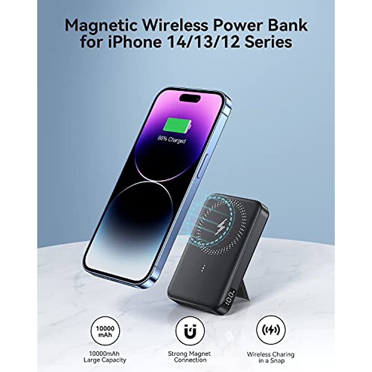 weetla 𝟮𝟬𝟮𝟯 𝗡𝗲𝘄 Magnetic Battery Pack 10000mAh LED Digital Display Foldable Wireless Power Bank with Kickstand USB-C Cable Portable Wireless Charger Power Bank for iPhone 14/13/12 03A (Black)