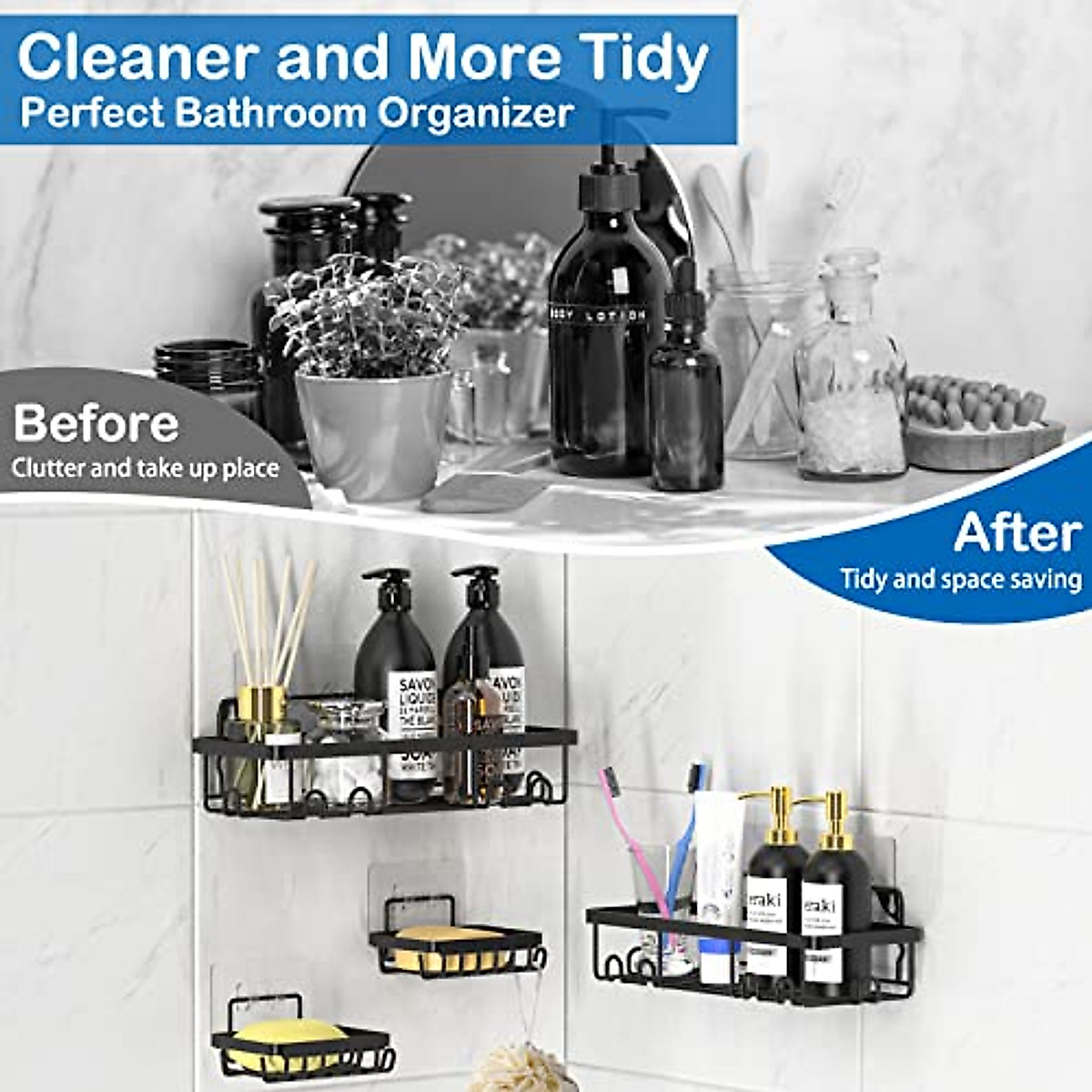 MOKANI Shower Caddy Basket Shelf with Soap Dishes-4 Packs,No Drilling Adhesive Shower Caddy Shelf Organizer with Hooks,Rustproof Bathroom Shelf for Bathroom Kitchen