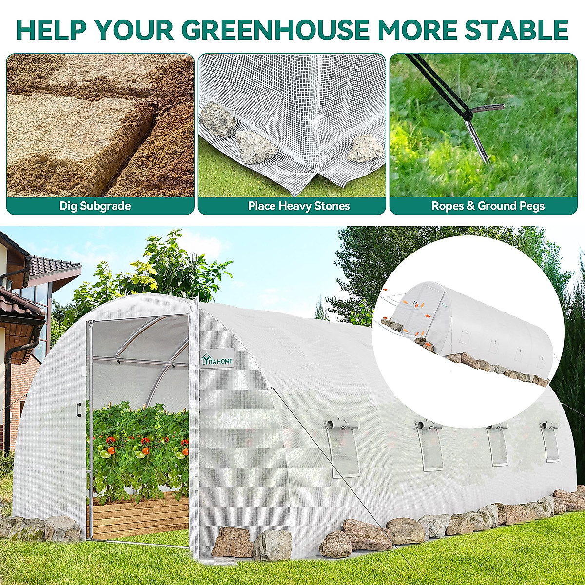 YITAHOME 20x10x7ft Greenhouse Extra Large Heavy Duty Large 2 Swing Doors Walk-in Greenhouses Tunnel Green Houses Outdoor 8 Windows Gardening Upgraded Galvanized Steel Garden, White