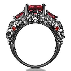 Gothic Jewelry Purple Red Black Crystal Unique Black Skull Rings for Women Halloween Christmas Gifts (Square-Red, 7)