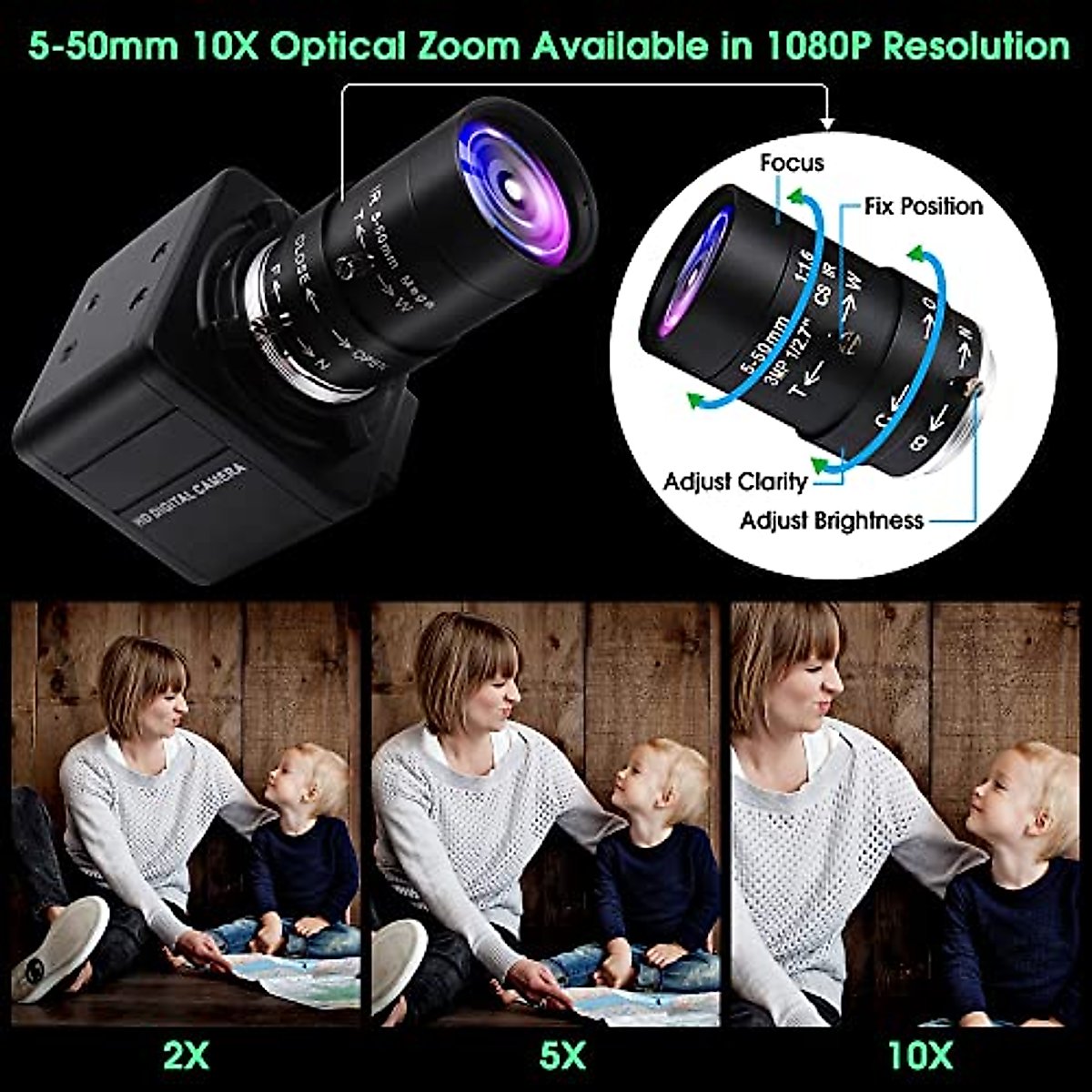 ALPCAM USB Camera VGA 100fps Webcam 10X 5-50mm Varifocal Lens USB Camera,2MP USB Zoom Conference Camera with CMOS OV2710 Sensor,Full HD 1080P UVC Webcame for Android Windows Mac Linux Raspberry Pi