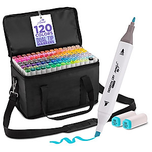 Dual Tip Markers in 120 Colors, Double Sided Markers with Travel Case Bag, Fine and Chisel Tip Art Markers for Adult Coloring and Kids, Alcohol Based Marker Pens for Drawing, Calligraphy, Writing