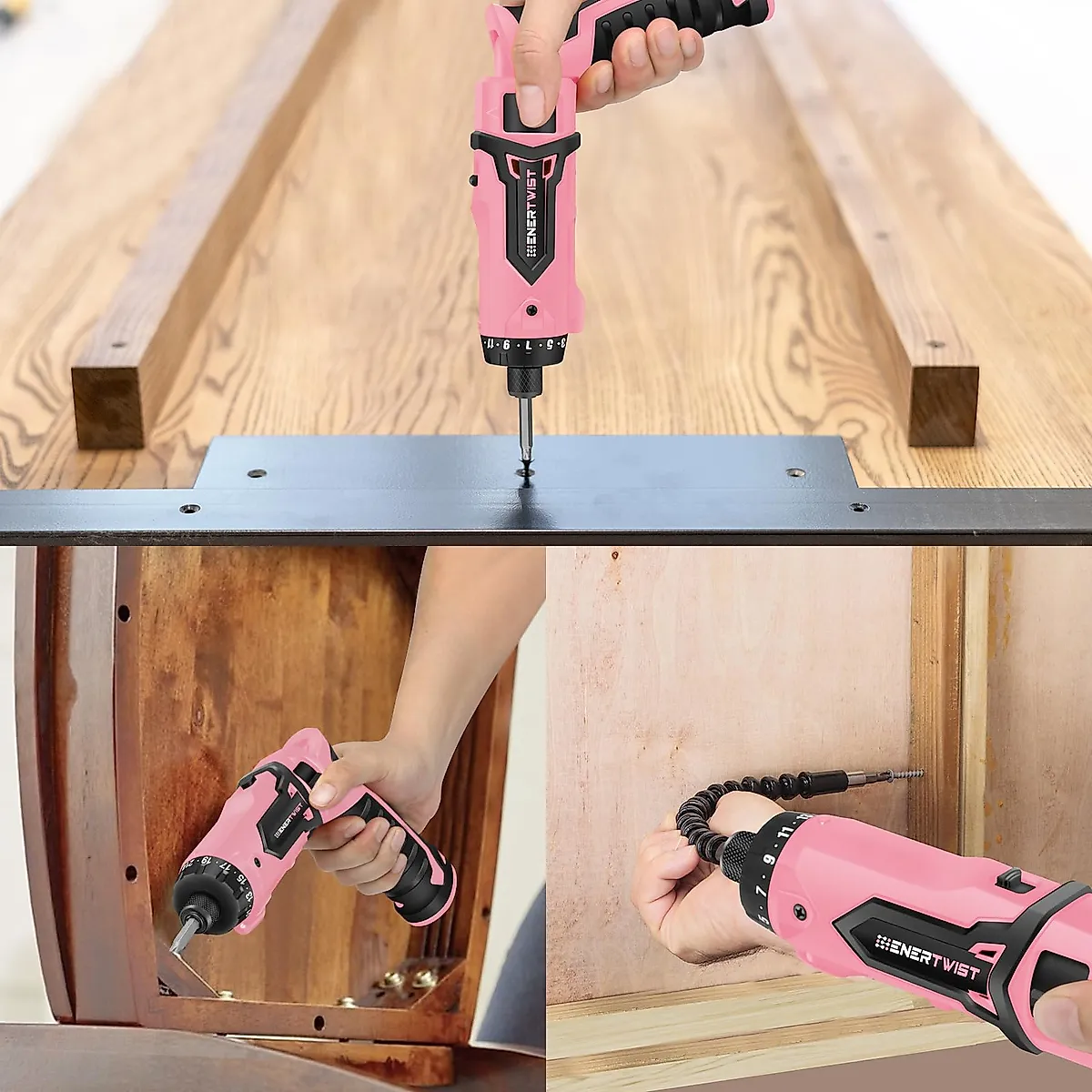 Enertwist Electric Screwdriver, 8V Max 10Nm Pink Cordless Screwdriver Rechargeable Set with 82 Accessory Kit and Charger in Carrying Case, 21+1 Cluth, Dual Position Handle, LED Light