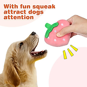 POPETPOP 2Pcs Dog Plush Squeaky Toys - Soft Strawberry Shape Interactive Puppy Chew Toy Stuffed Strawberry for Dogs Teething, Playing, Chewing for Holiday Christmas