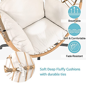 Patiorama Indoor Outdoor Egg Swing Chair with Stand, Oversized Cocoon-Shaped Rope Woven Hanging Chair, Cushion,Safety Strap,Patio Wicker Foldable Hammock Chair for Porch,Garden,Bedroom (Creamy White)