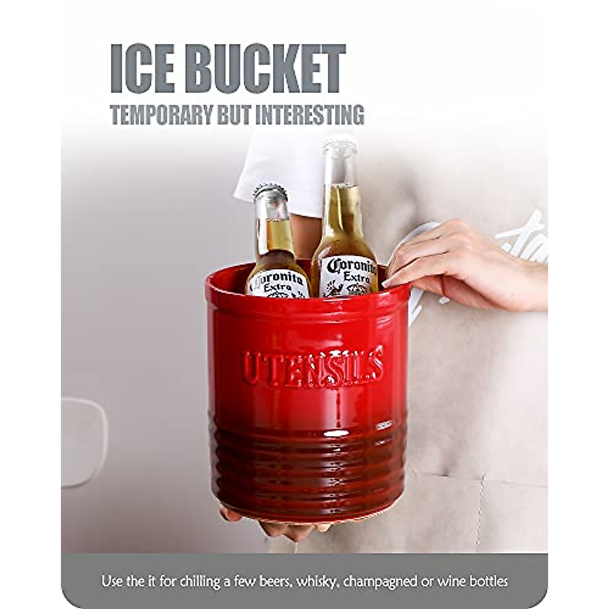 Lareina Utensil Holder for Kitchen Counter, [Elegant & Non-slip] Ceramic Utensil Crock Organizer, H 7" x W6 Large Cooking Utensil Holder with Anti-slip Cork Bottom for Home Décor, Christmas Red