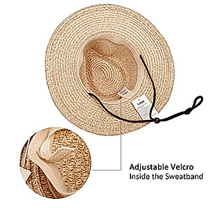 Womens Straw Sun Hat Classic Flat Beach Hat Mens Garden Hat Cowboy Style Hat with Wind Lanyard UPF 50+ Summer Hat Beige