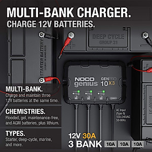 NOCO Genius GENPRO10X3, 3-Bank, 30A (10A/Bank) Smart Marine Battery Charger, 12V Waterproof Onboard Boat Charger, Battery Maintainer and Desulfator for AGM, Lithium (LiFePO4) and Deep-Cycle Batteries