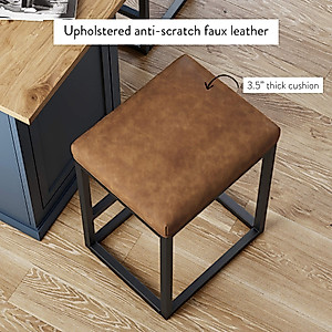 Nathan James Nelson Bar Stool with Leather Cushion and Metal Base, 24", Warm Brown/Black