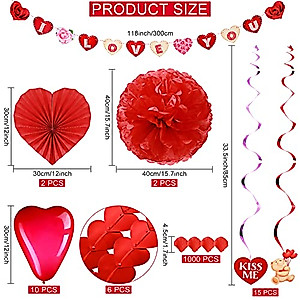 37 Pcs Valentines Day Decoration Kit, Heart Shaped Banner, 2 Tissue Fans, 2 Tissue Poms, 6 Heart String Decorations, 15 Foil Cutouts Swirls, 10 Heart Balloons and 1000 Rose Petals for Wedding Party