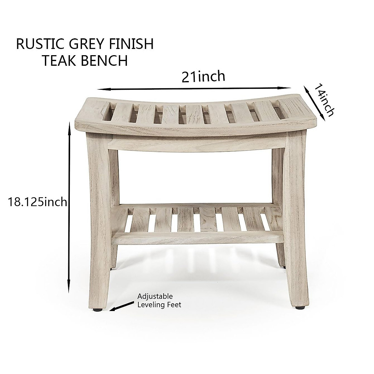 TeakCraft Gray Teak Shower Bench with Shelf 21 Inch for Bathroom, Spa - Fully Assembled, Shower Stool, Rustic Gray Finish, The Lavici