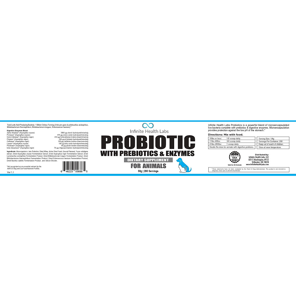 Probiotics for Dogs and Cats - Vet Formulated Made in USA Pet Prebiotic & Enzyme Powder for Digestive, Gut & Immune Health - 200 Servings (50 g)