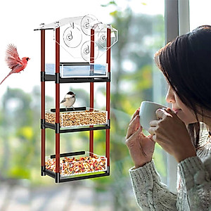 Window Bird Feeder with Strong Suction Cups, Large Weatherproof Birdfeeder with 3 Tiers Seed Tray and Drinking Sink, Outdoor Hanging Birdhouse for Wild Birds, Finch, Cardinal, and Bluebird