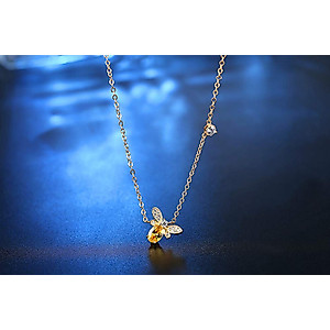 Hypoallergenic 14K Yellow Gold Dainty Cute Amber Lovely Tiny Honey Crystal Cubic Zirconia Bee Pendant Necklace for Women Teen Girls