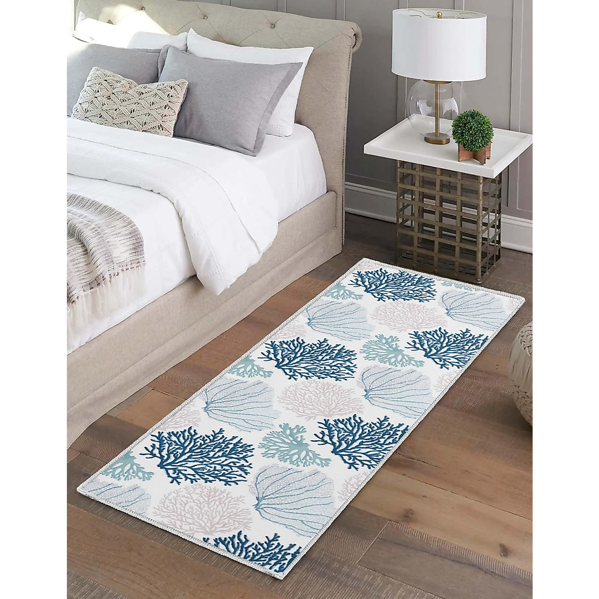 Coastal Runner Rug Beach Hallway Rugs Non-Slip Nautical Coral Machine Washable Rugs Modern Floor Carpet for Kitchen Bathroom Laundry Bedroom Living Room, 2x6