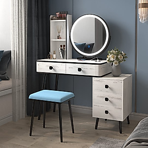 LVSOMT Vanity Desk with Mirror and Lights, Makeup Vanity Table with 3-color Lights & Charging Station, Vanity Set with 5 Drawers, Dressing Table with Stool for Women Girls (Wood White)