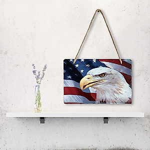 Welcome Wall Hanging Sign- Bald Eagle Head in American Flag Patriotic Army Stripe Star Blue Red White Slate Hanging Plaques for Front Door Porch Window Farmhouse Garden 5.1" x 7.9" Wall Home Decor