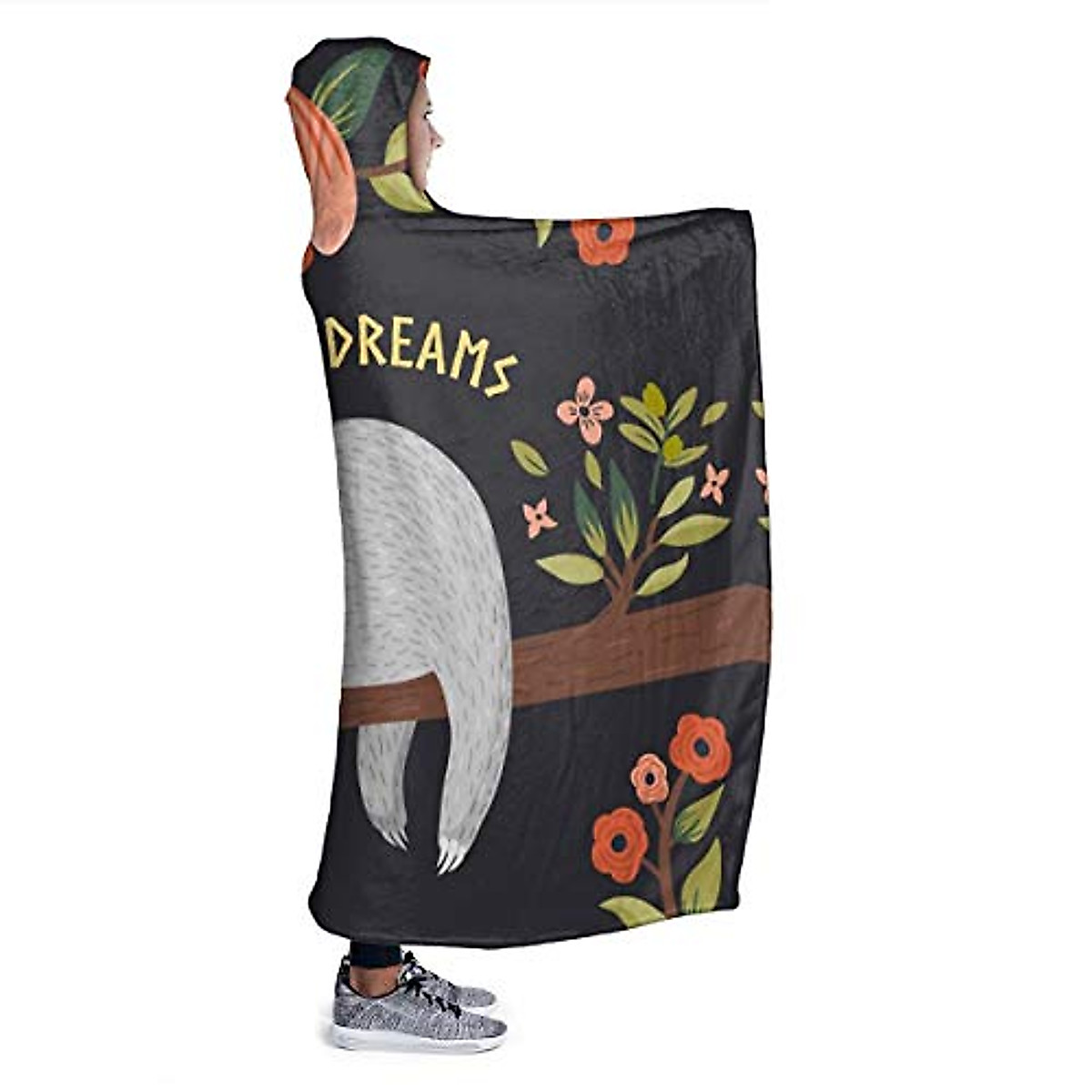 JASMODER Cute Sloth On The Tree Hoodie Blanket Wearable Throw Blankets for Couch Blanket Hooded for Baby Kids Men Women