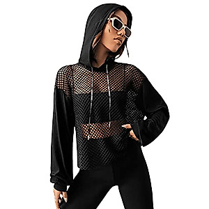 Verdusa Women's Sexy See Through Fishnet Long Sleeve Drawstring Hoodie Top Sweatshirt Black M