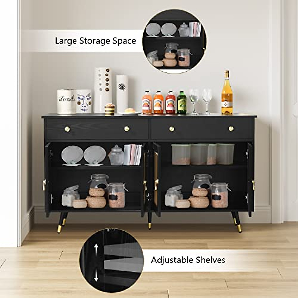 Buffet Cabinet with Storage, 55” Black Kitchen Cabinet with 4 Handmade Natural Rattan Doors, Black Sideboard Storage Cabinet with 2 Drawers for Dining Living Room