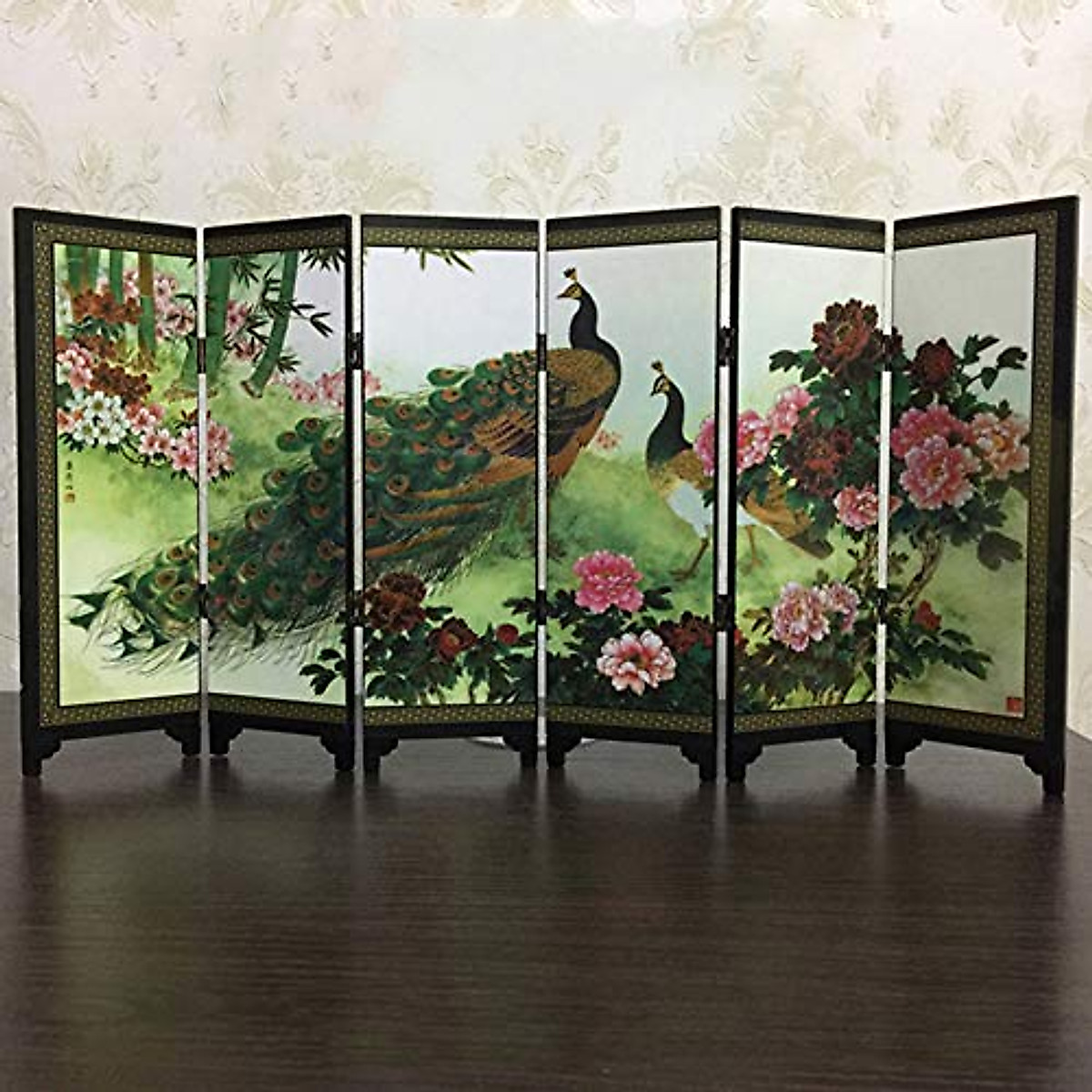 Luwsldirr Wooden 10 pcs 6-Panel Peacock Screen Room Divider Folding Partition Gift Desktop Decor - Black