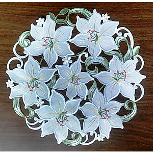 Doily Boutique Easter Place Mat or Doily with White Lily Flowers, Size 15 inches