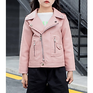 LOKTARC Boys Girls Faux Leather Jacket for Kids Motorcycle Biker Leather Jackets Pink 7-8 Years/Size 140