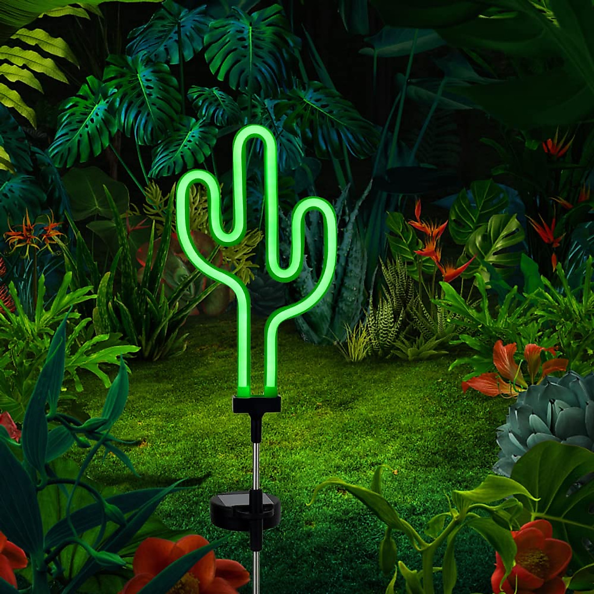 SVEIKS Solar Cactus Garden Stake Lights, Green Cacti Lighting Solar Pathway Lights Outdoor Waterproof LED Neon Strip for Courtyard Patio Lawn Flowerbed Landscape, 30" Tall (2 Pack)