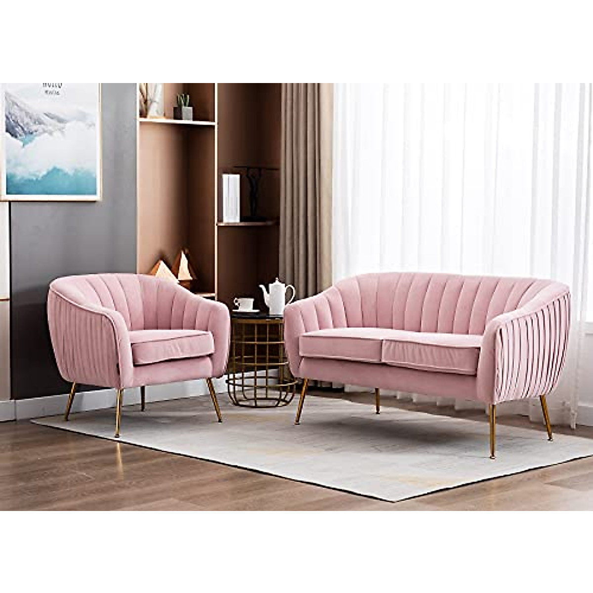 Artechworks Contemporary Tufted Velvet Tub Barrel Loveseat Sofa Chair Upholstered Couch with Golden Metal Legs Club Two-Seat Sofa for Living Reading Room Bedroom Apartment Small Space Dorm, Pink