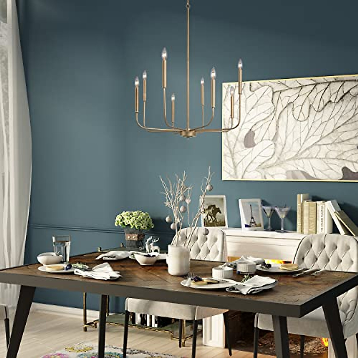 GEPOW Antique Gold Chandelier, Modern Dining Room Lighting Fixture, 8-Light Candle Style Hanging Chandelier for Living Room, Bedroom, Kitchen Island, Foyer, Dia 27”