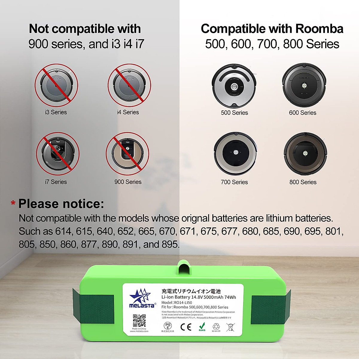 melasta 5000mAh Lithium ion Battery Replacement Compatible with iRobot Roomba 500 600 700 800 Series 880 890 861 864 866 675 650 655 695 680 671 640 645 790 780 775 770 760 595 585 561 560 550