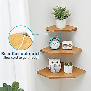 Corner Shelf Floating, Solid Oak Wood Corner Wall Shelf with Wire Hole for Cable, Small Plant Hanging Display Corner Shelf Wall Mount for Bedroom Living Room Kitchen