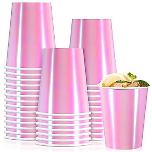 Uiifan 100 Pieces Iridescent Paper Cups 9 oz Disposable Pink Paper Cups Drink Cup Rainbow Design Cups for Beverage Picnics Christmas Day Birthday Party Wedding Halloween Thanksgiving(Pink)