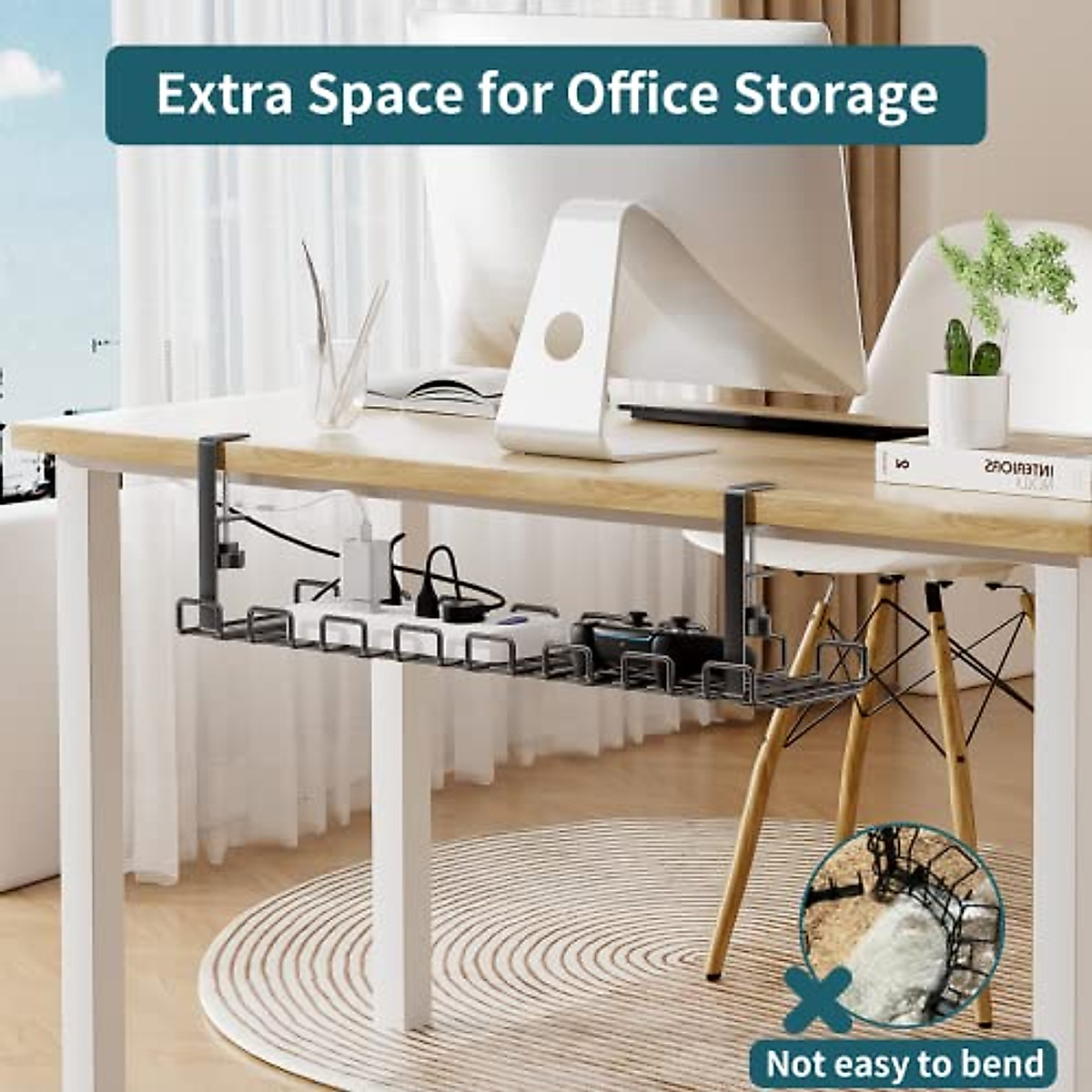 Under Desk Cable Management Tray No Drill, 25'' Large Capacity Desk Wire Organizer Rack, Sturdy Metal Under Desk Cord Management with Clamp for Offices and Home