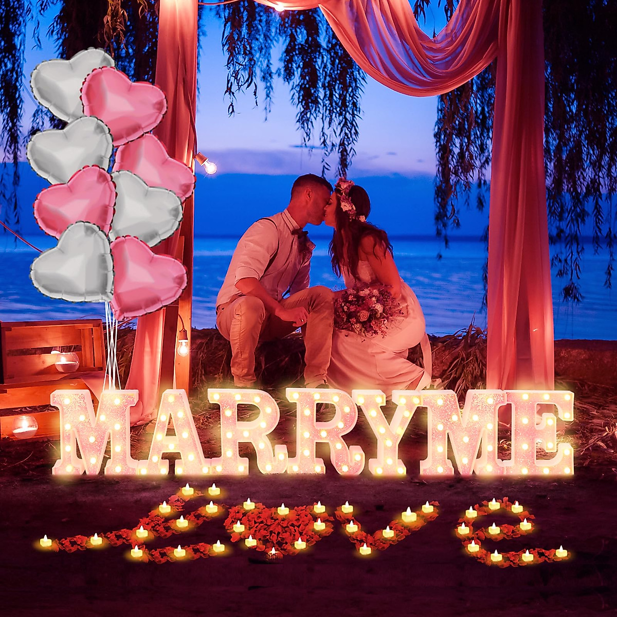 WLLEYAY Marry Me Sign Large Proposal Decorations Light Up Letters with 2000 Pcs Rose Petals and 24 Romantic LED Flameless Candles Love Balloons Kit for Valentines Day Engagement Wedding Outdoor Decor