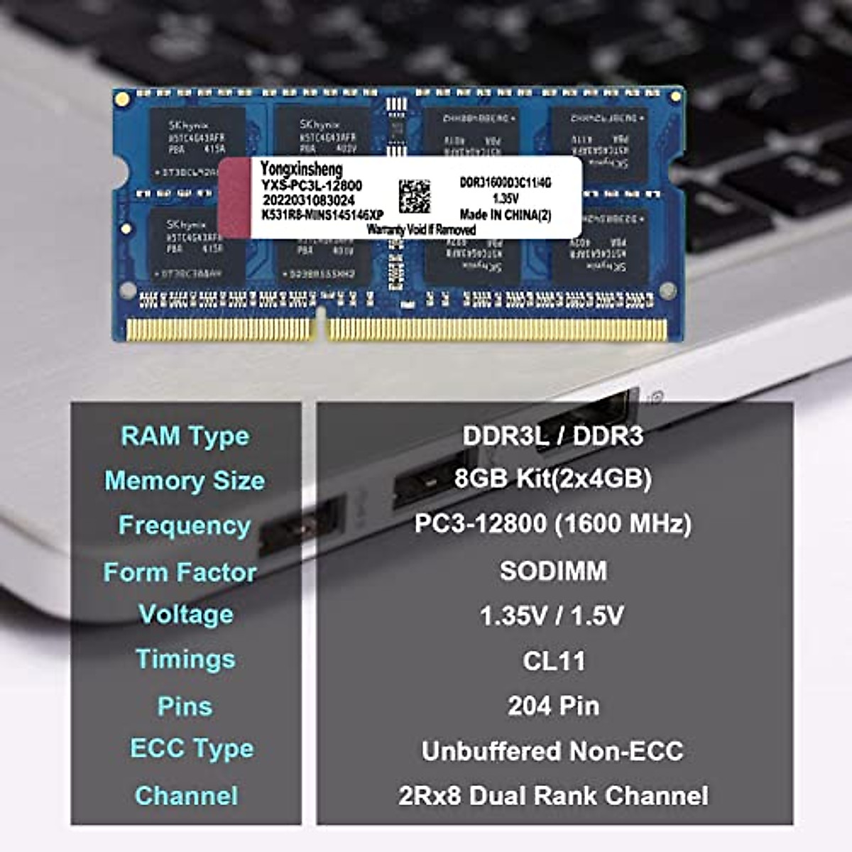 Yongxinsheng DDR3 / DDR3L 8GB Kit (4GBx2) Laptop RAM 1600MHz PC3L/PC3-12800 SODIMM Non-ECC Unbuffered 1.35V/1.5V 2Rx8 Dual Rank 204 Pin CL11 Notebook Computer Memory Upgrade Module(Blue)