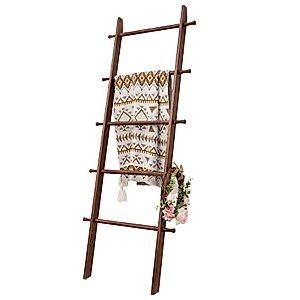 HYBDAMAI Blanket Ladder, 5-Tier Wooden Quilt Stand, Decorative Ladder Shelf, Farmhouse Ladder Blanket Holder, Wall Leaning Blanket Ladder Towel Storage Rack for Living Room, Brown