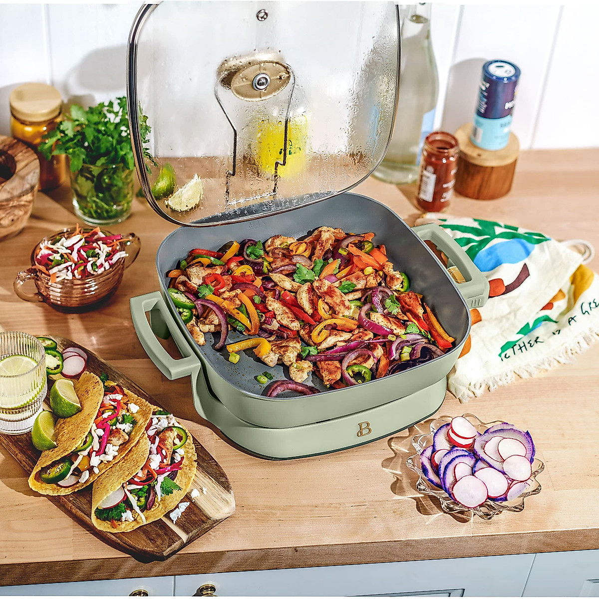 5-in-1 Electric Expandable Skillet, Sage Green by Drew Barrymore, Up to 7 QT