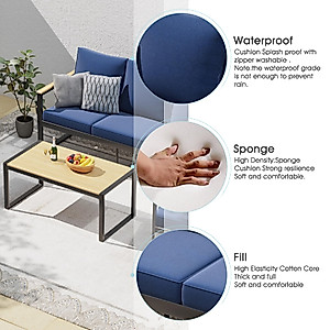 Temminkii Outdoor 4 Pieces Furniture Sets Modern Aluminum Patio Conversation Sets Sectional Sofa w Blue Cushion Faux Wood Grain Frame Coffee Table for Garden Courtyard Poolside