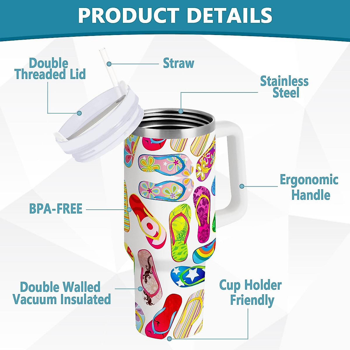Emelivor Colorful Flip Flops 30 oz Tumbler with Lid and Straw Insulated Tumblers with Handle Leak Proof Travel Coffee Mug Water Cup Bottles for Men Women Sports Gym