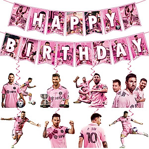 Soccer Star Birthday Decorations, Soccer Star Party Decorations include 1Pcs Happy Birthday Banner and 8 Pcs Football Star Party Hanging Swirls, Soccer Player Decorations for Soccer Party Pink Jersey