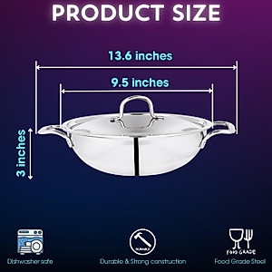 WG inc TRIPLY Stainless Steel Kadhai with Lid - Tri-Ply Wok Cookware - Sauces, Stews, Deep Frying Saute Pan Induction Friendly - Dishwasher Safe (9.5" Dia) (2.5 QT / 2.4 Litres)